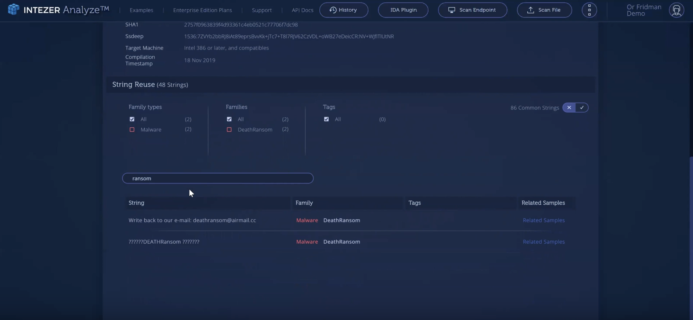 Search for revealing strings in Intezer Analyze - Intezer
